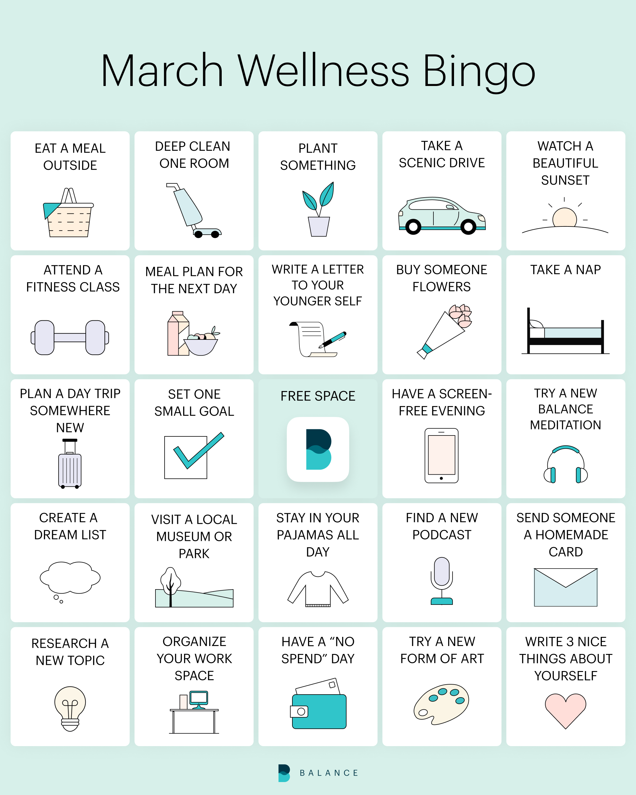 Bingo Board: 24 self-care activities for March | Balance App